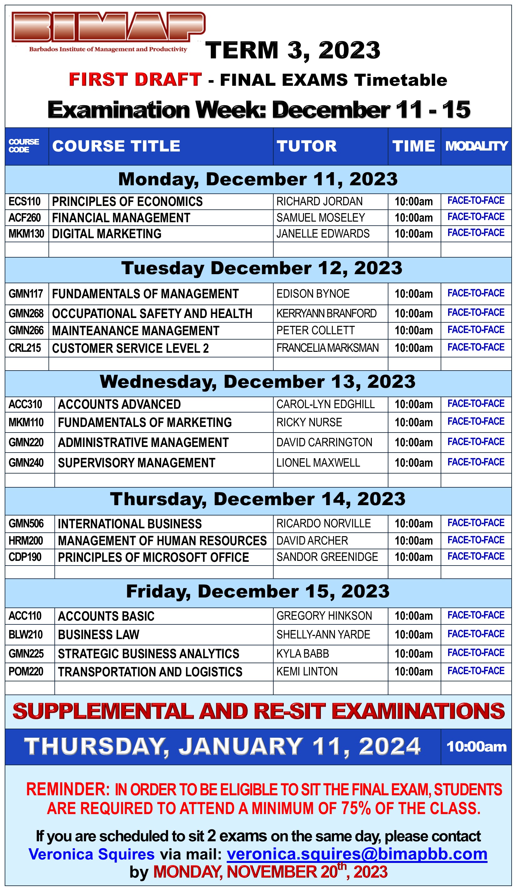 BIMAP: Term 3- 2023 Examinations Schedule (1st Draft) | BIMAP